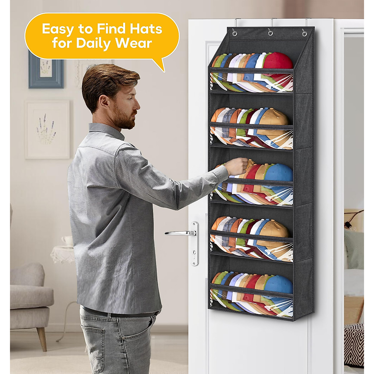 SLEEPING LAMB Over Door Hat Racks for Baseball Caps, Clear Deep Pockets Hat Organizer for Closet or Wall Hold 60 Hats Storage Holder With 3 Hooks Caps Display (Black)