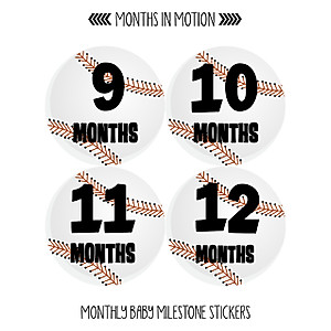 Months in Motion Baby Monthly Stickers - Baby Milestone Stickers - Newborn Boy Stickers - Month Stickers for Baby Boy - Baby Boy Stickers - Newborn Monthly Milestone Stickers - Baseball - Set of 20