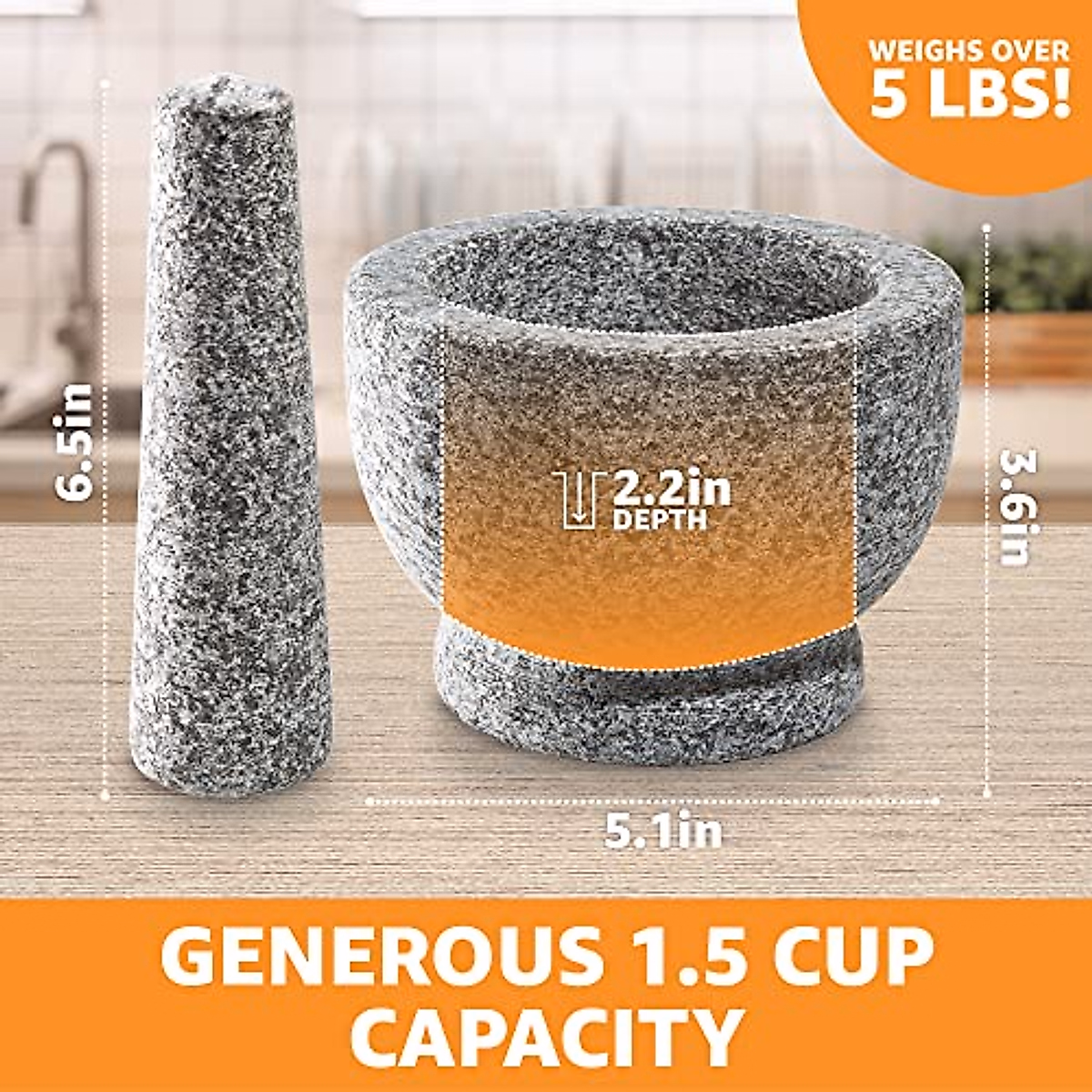 Heavy Duty Natural Granite Small Mortar and Pestle Set, Hand Carved, Make Fresh Guacamole at Home, Solid Stone Grinder Bowl, Herb Crusher, Spice Grinder, Unpolished Grey, 1.5 Cup, Grey