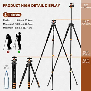 GEEKOTO Tripod, Camera Tripod for DSLR, Compact Aluminum Tripod with 360° Ball Head, 62 Inch Professional Tripod with 1/4 Inch Quick Release Plate, for Video Conferencing, Travel and Work