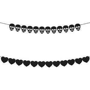 2 Set Gothic Banner Halloween Garland Black Heart Skull Felt Decor for Birthday Goth Wedding DIY Home Bachelorette Party Farewell Shower Decorations Indoor Outdoor