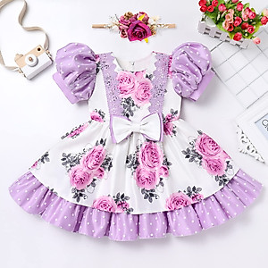 Girls Flower Puff Sleeve Dress 2PCS Pageant Princess Summer Dresses with Floral Headband Front Bowknot Wedding Birthday Dress Up Clothes Baby Girl Christening Baptism Outfits Purple 6-12 Months