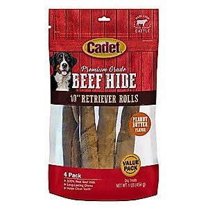 Cadet Premium Grade Beef Hide for Dogs, Long Lasting Rawhide Retriever Rolls, Single Ingredient Dog Chews, Peanut Butter Flavor, 10 Inch (4 Count)