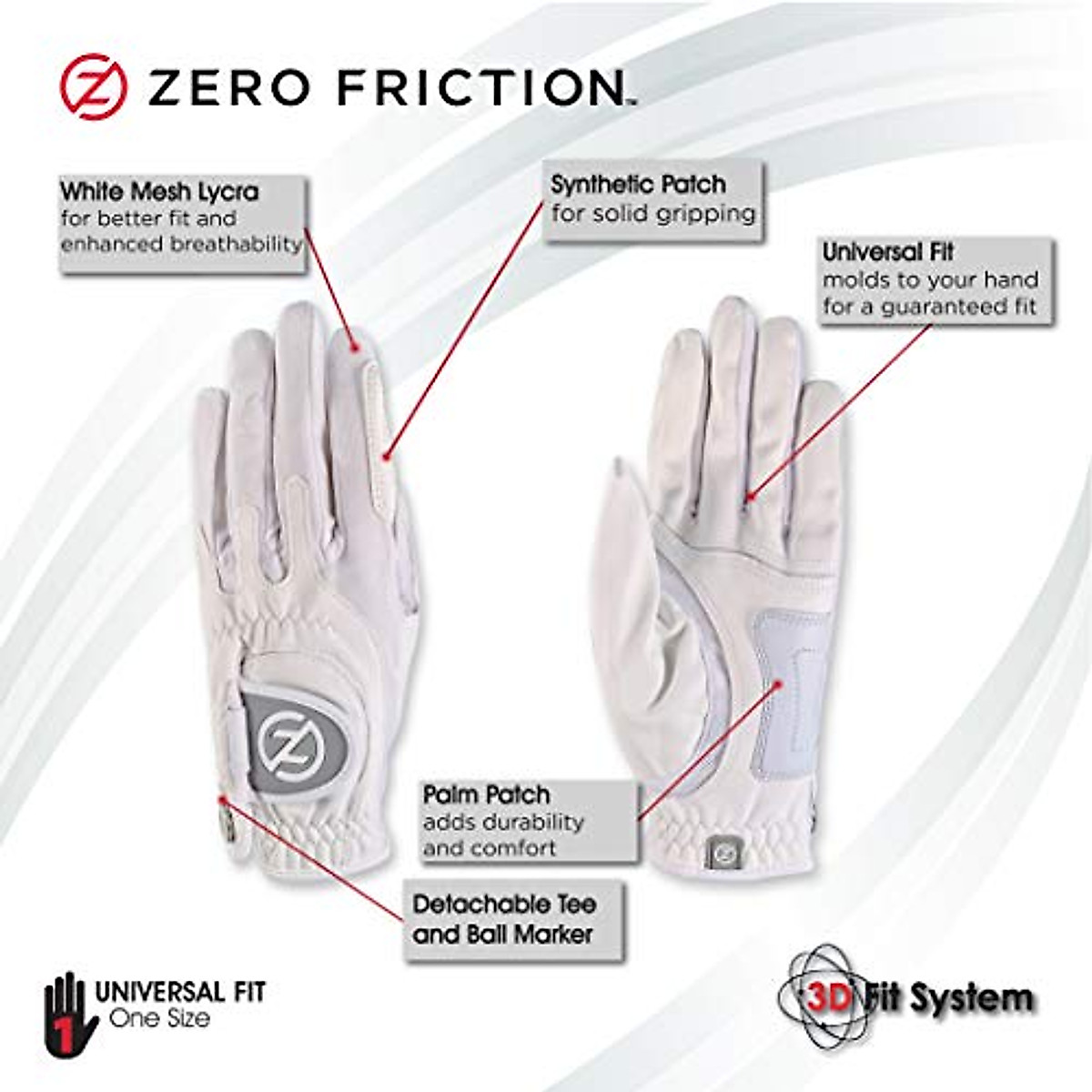 Zero Friction Ladies Compression-Fit Synthetic Golf Glove (2 Pack with Free Pack of tees), Universal Fit One Size, White/White