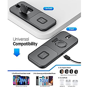 XICPU Portable and Foldable 3 in 1 Wireless Charging Station, Fast Wireless Charger Stand for Apple Watch iPhone AirPods Black