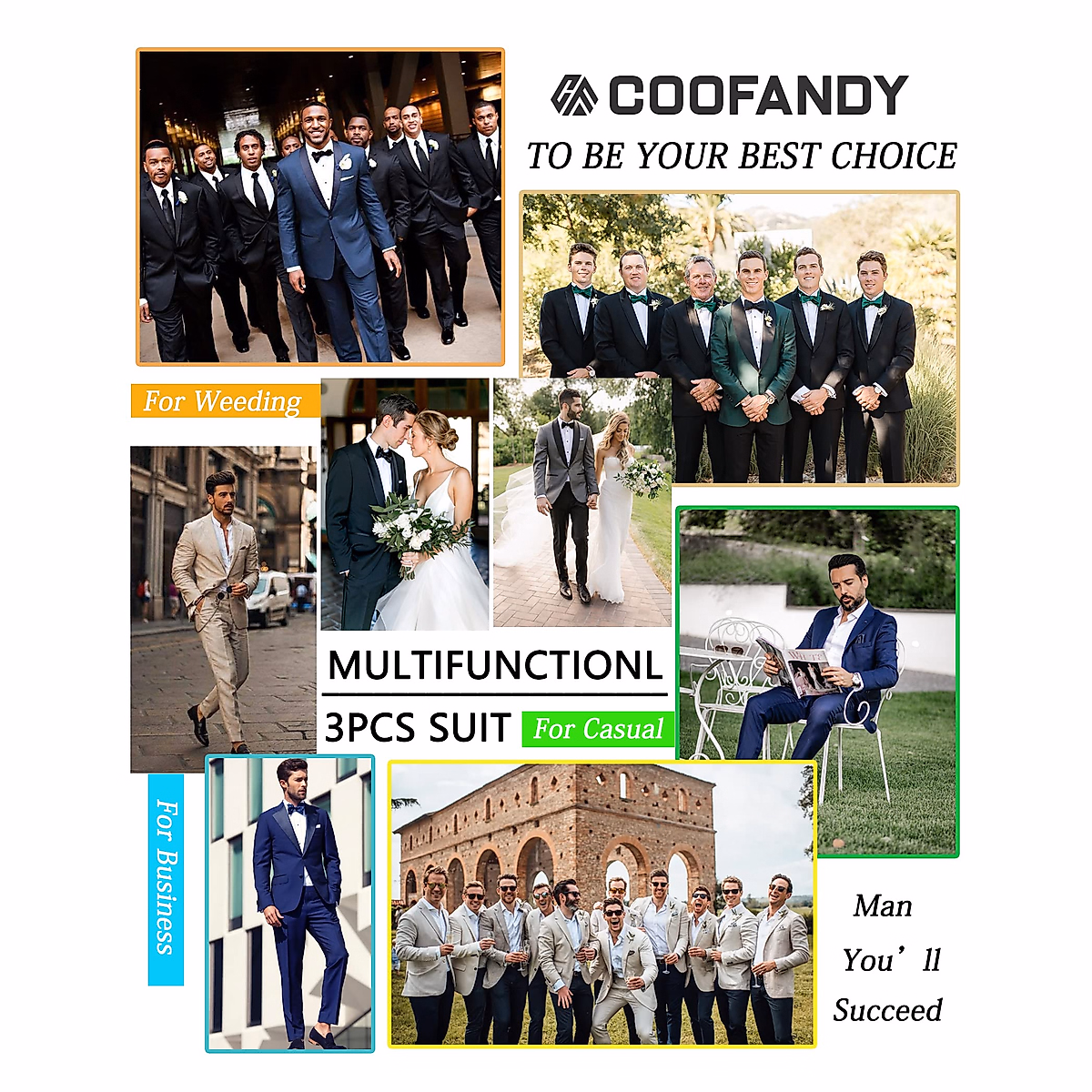 COOFANDY Mens Suits 3 Piece Casual Suit Jacket Regular Fit Tuxedo Set for Wedding Dinner Prom Navy Blue