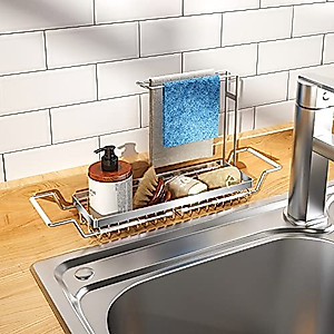 YOUGUENYUN Kitchen Sink Caddy, Retractable Kitchen Sink Organizer,Sponge Brush Soap Storage Rack for Kitchen,304 Stainless Steel Sink Rack Basket, Rustproof,Non-Slip