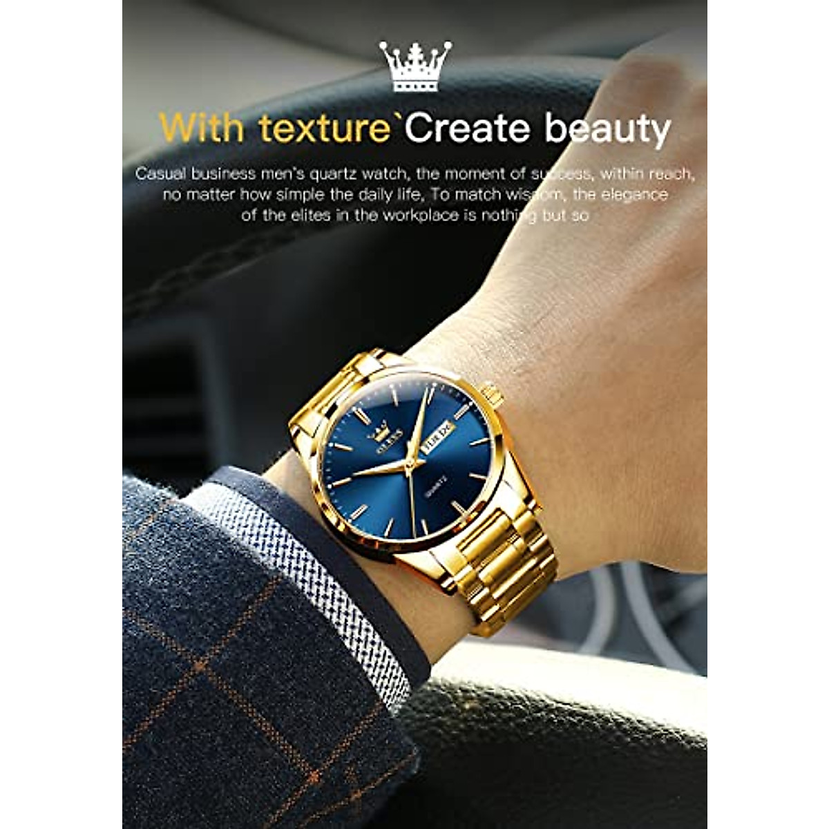 OLEVS Mens Gold Watches Analog Quartz Business Dress Watch Day Date Stainless Steel Classic Luxury Luminous Waterproof Casual Male Wrist Watches Blue Face