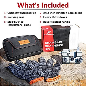 Sharpeno Chainsaw Sharpener Jig - Chainsaw Chain Blade Sharpener Tool With 3/16" Tungsten Carbide Bit, Storage Pouch, Gloves - Laser-Edged Tooth Slider, Adjustable Depth, 30-Degree Sharpening Angle
