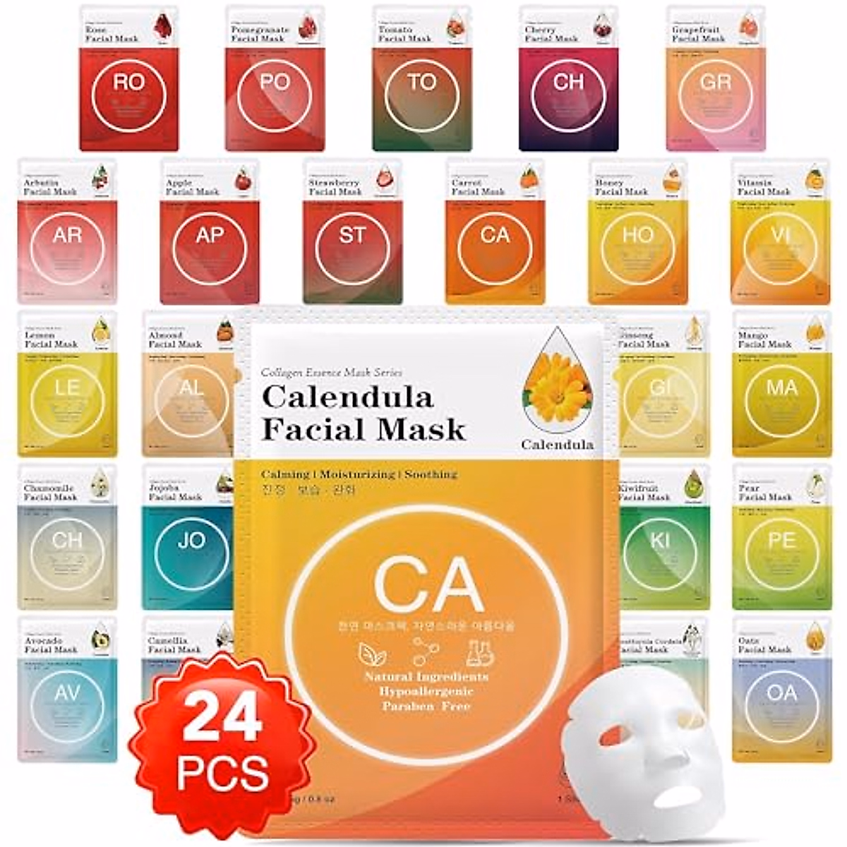24Pack Collagen Essence Sheet Facial Masks, Face Masks Skincare, Hydrating Face Masks, Moisturizing and Soothing, Natural Skin Care Spa Face Mask, For All Skin Types