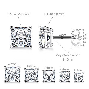 MDFUN 18K White Gold Plated Princess Cut Square Clear Cubic Zirconia Stud Earring Pack of 5 Pairs