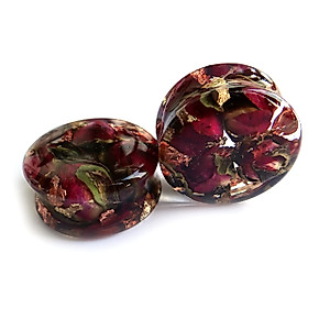 Eternity31 Red Rose Plug Gold foil Gauge Wedding Plug Bridal Resin Flower Jewelry Terrarium Rose 25mm / 1" / Pair