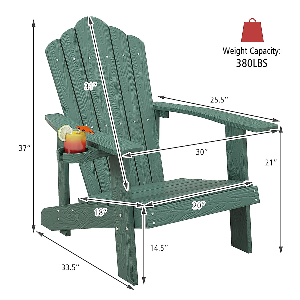 Tangkula Oversized Adirondack Chair, Patio Lounge Chairs w/Adjustable Cup Holder, HIPS Armchairs Slatted Chair, Outdoor Weather Resistant Fire Pit Chair for Deck Backyard Garden Porch (2, Green)
