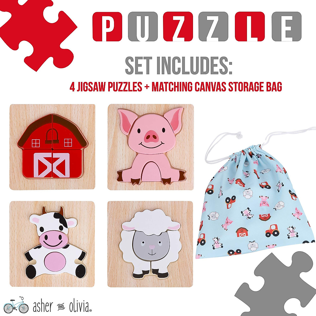 Wooden Puzzles for Toddlers 1-3 – Educational Jigsaw PuzzlesToys for Preschool Kids Ages 1 2 3 Year Old Boys or Girls Gift with Matching Canvas Bag - Farm Wooden Animals Set Developmental Games