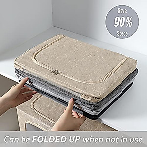 2 Pack Clothes Storage Bins - Foldable Metal Frame Storage Box with Mesh Windows - Stackable Linen Fabric Organizer Set with Carrying Handles