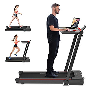 Goplus 3-in-1 Treadmill with Desk, 2.25HP Folding Electric Treadmills, Large LED Display,Remote Control, Bluetooth Speakers, Walking Jogging Machine for Home/Office Use (Black)
