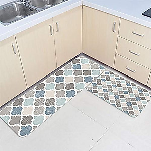 Geometric Quatrefoil Kitchen Rugs and Mats Non Skid Washable Cushioned Kitchen Mat Anti Fatigue Mat Kitchen Set of 2 Waterproof Teal Gray Turquoise Blue Vintage Farmhouse Moroccan Tile Pattern