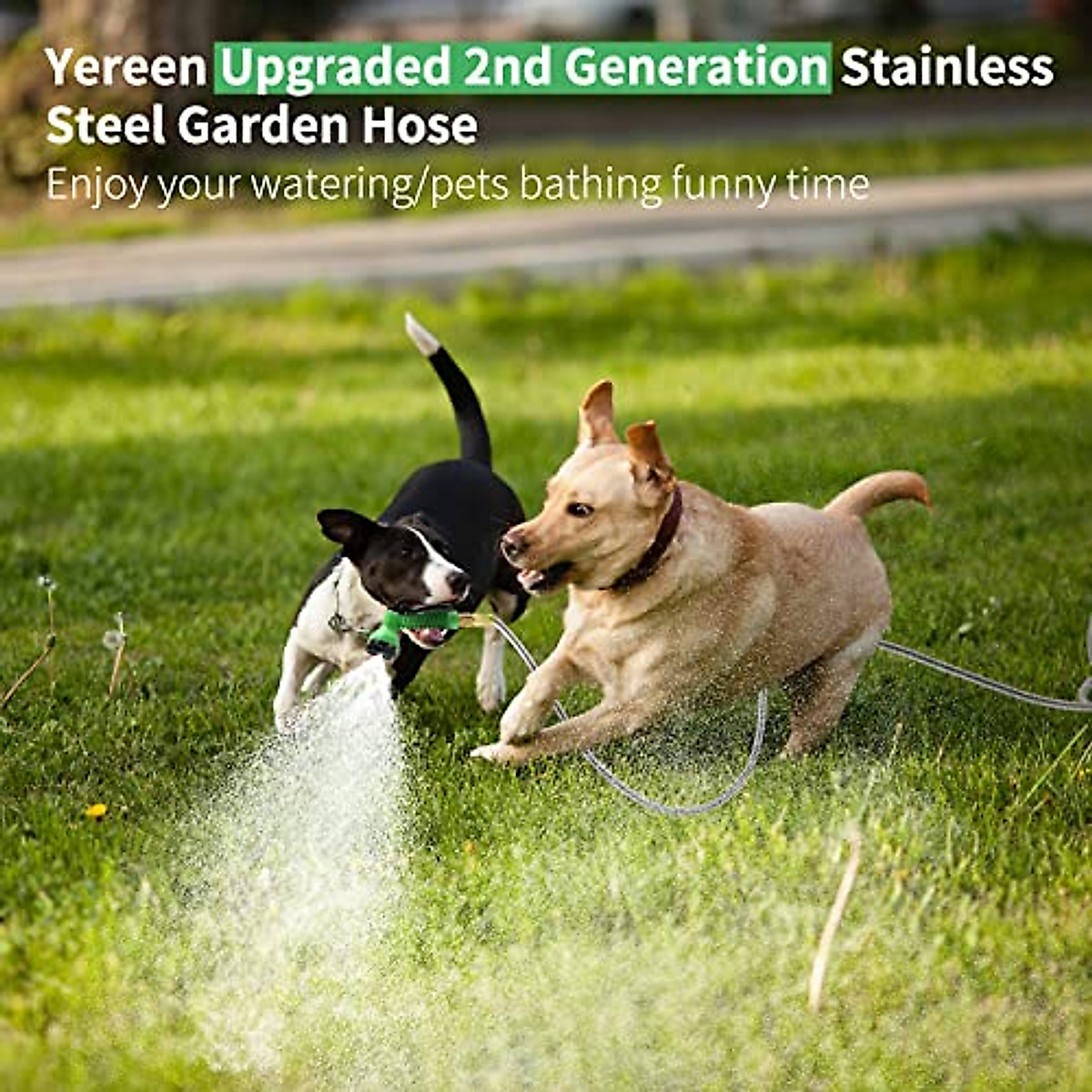 Yereen Metal Garden Hose 25FT, 304 Stainless Steel Garden Hose with 3/4" Solid Brass Fittings and 2 Function Nozzle, Kink Free Flexible Outdoor Water Hose