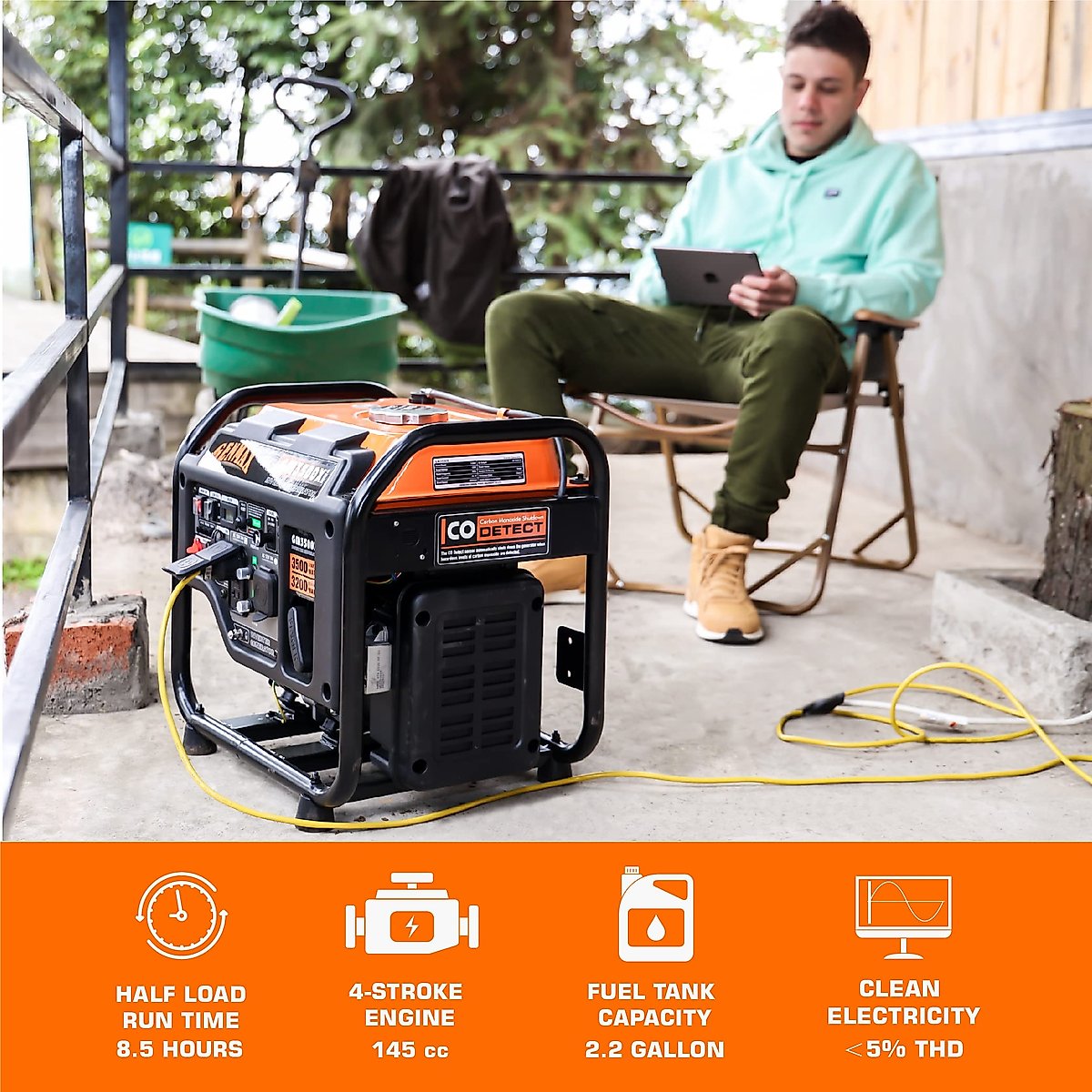 GENMAX GM3500Xi Open Frame RV Ready Inverter Generator-3500 Peak Watts-Gas Powered，Quiet Technology, EPA Compliant