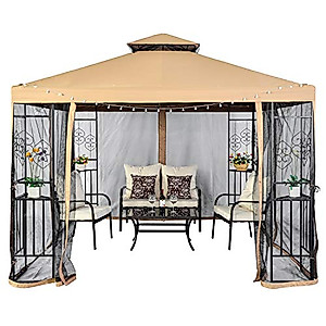SUNA OUTDOOR 10x10 Ft Outdoor Gazebo Steel Frame Two-Tiered Top Canopy, Heart Screen Decor Gazebo with Adjustable Netting for Garden Backyard, Beige