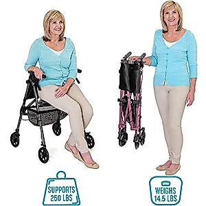Stander EZ Fold-N-Go Rollator, Lightweight Folding Mobility Rolling Walker for Seniors and Adults, 6-inch Wheels, Locking Brakes, and Padded Seat with Backrest, Regal Rose