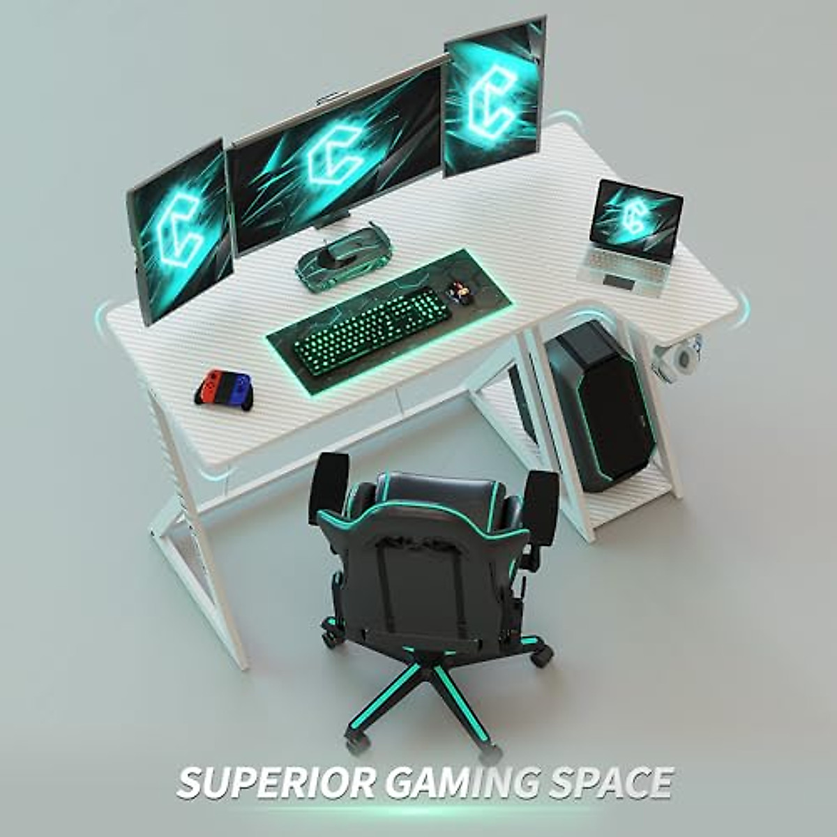 CubiCubi Aurora Gaming Desk with Carbon Fiber Surface, 55 Inch L Shaped Desk with Storage Shelves, Small Corner Computer Desk with Monitor Shelf, Gamer Desk PC Table, White