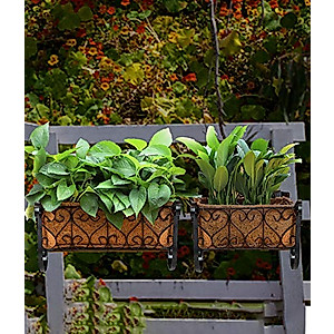 MorTime Iron Hanging Flower Rack Basket Shelf with Hooks, Railing Flower Pots Holder Black Metal Decorative Railing Shelf for Outdoor Garden Balcony Fence Patio