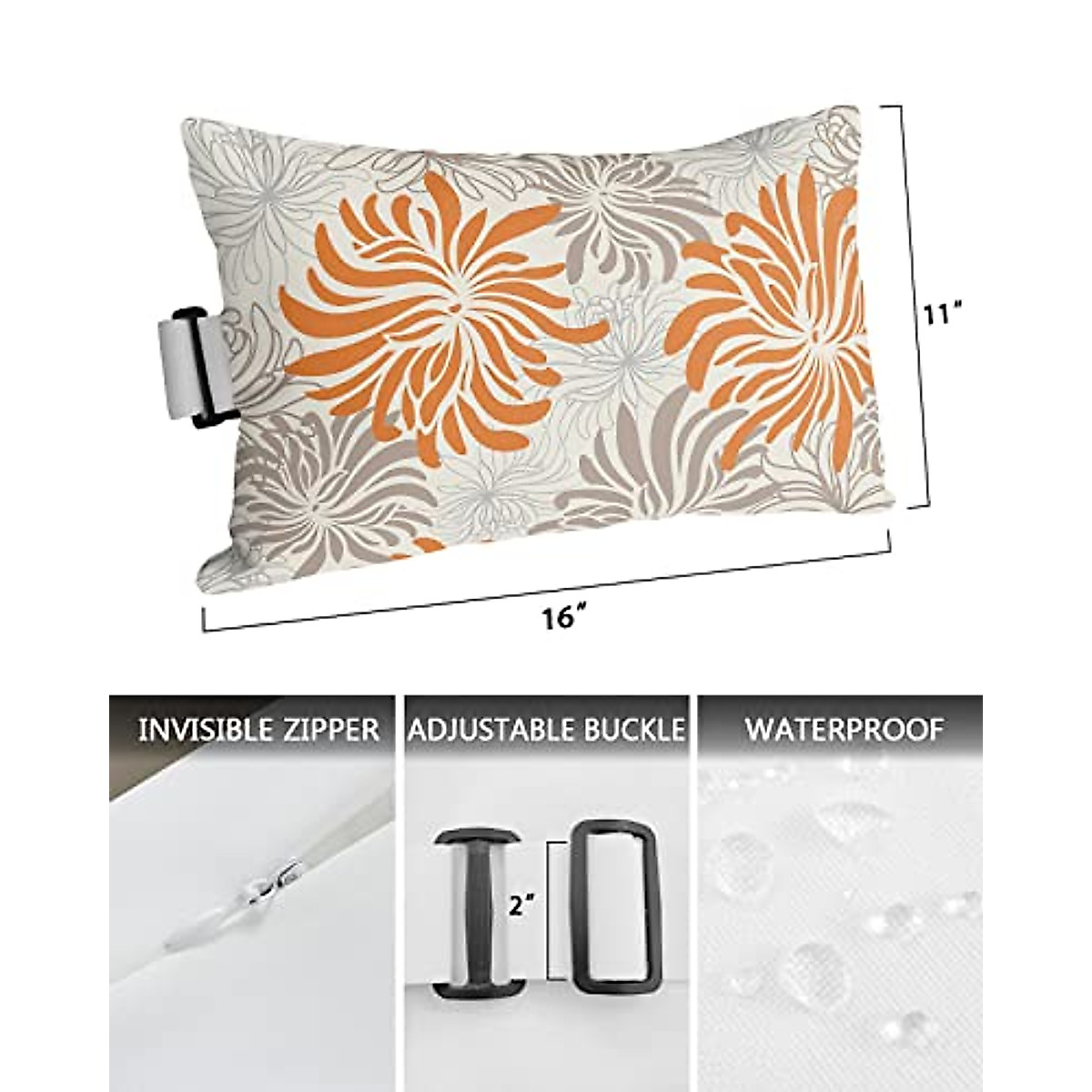 Recliner Head Pillow Ledge Loungers Chair Pillows with Insert Gray Orange Chrysanthemu Retro Texture Lumbar Pillow with Adjustable Strap Outdoor Waterproof Patio Pillows for Beach Pool Chair, 2 PCS