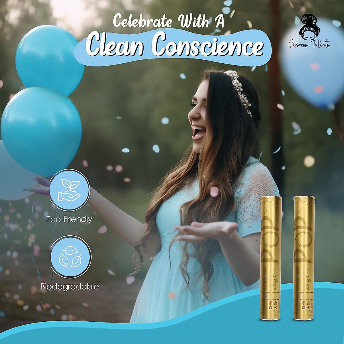 Gender Reveal Confetti Powder Cannons- Set of 4 BLUE - 100% Biodegradable Tissue, Eco-Friendly Powder- Party Supplies/Decorations Boy/Girl Voting Stickers 40pcs