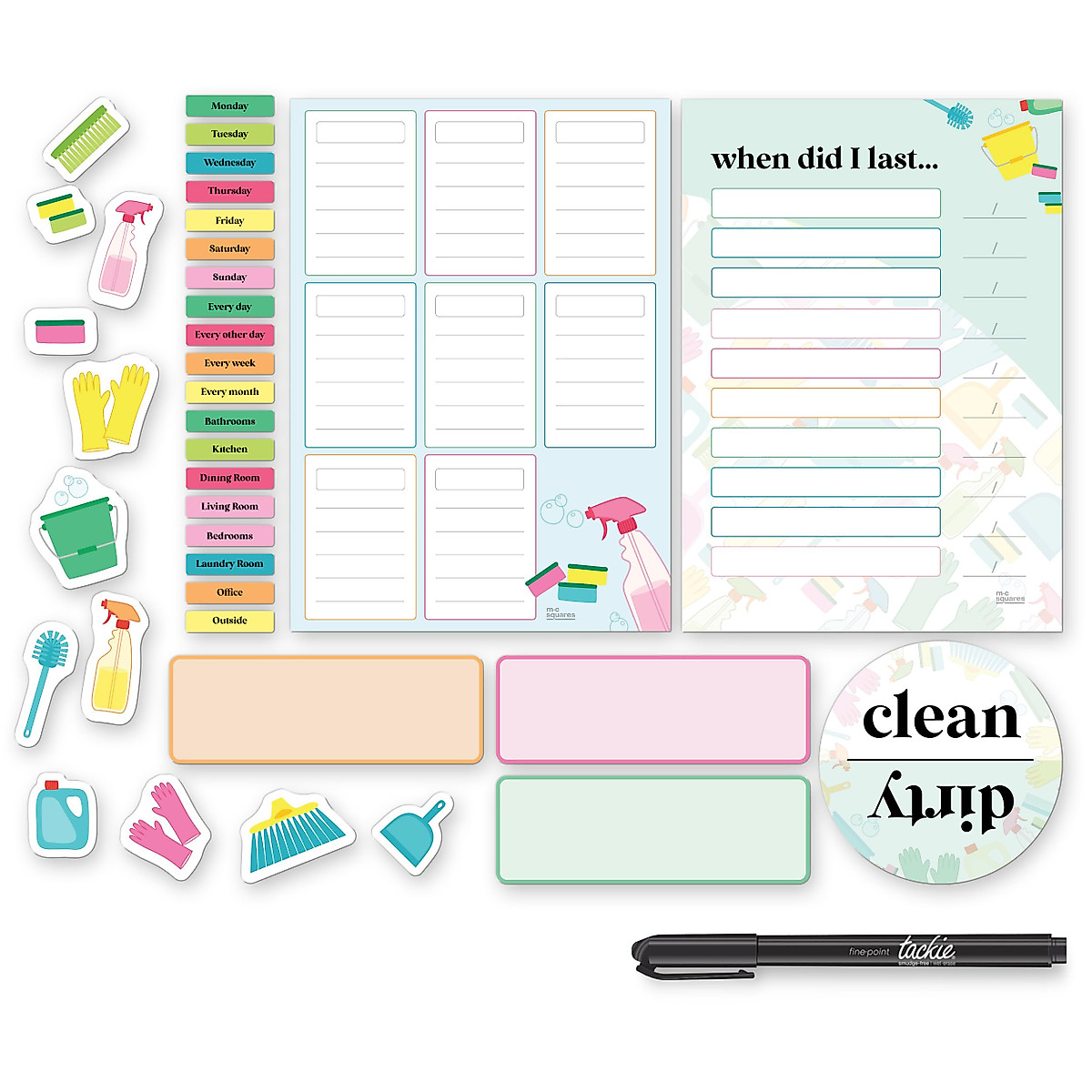MC SQUARES Squares Reusable, Erasable Cleaning Organizer Bundle|30 Count with Checklist, Labels, Reminders and Smudge-Free Tackie Marker|Cling to Stainless Steel & Glass|USA Made