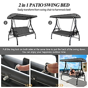 GARTOO 3-Seat Outdoor Large Porch Swing with Converting Canopy, Patio Hammock Lounge Swing Chair for Porch, Backyard, Poolside, Adjustable Shade & Removable Cushions(Gray)