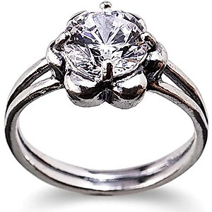 Joolala Cubic Zirconia Flower Sterling Silver Women's Ring - 925 Silver Ring for Woman - Round Faceted CZ Cut, Prongs Setting, Anniversary Engagement Ring (8)