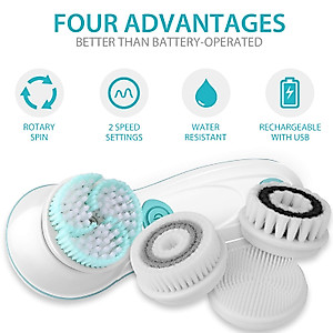 Rechargeable Facial Cleansing Spin Brush Set with 4 Exfoliation Brush Heads - Waterproof Face Spa System by CNAIER - Face Brushes for Cleansing and Exfoliating