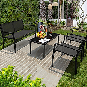 Flamaker 4 Pieces Outdoor Patio Furniture Textilene Modern Conversation Black Bistro Set with Loveseat Tea Table for Home, Lawn and Balcony