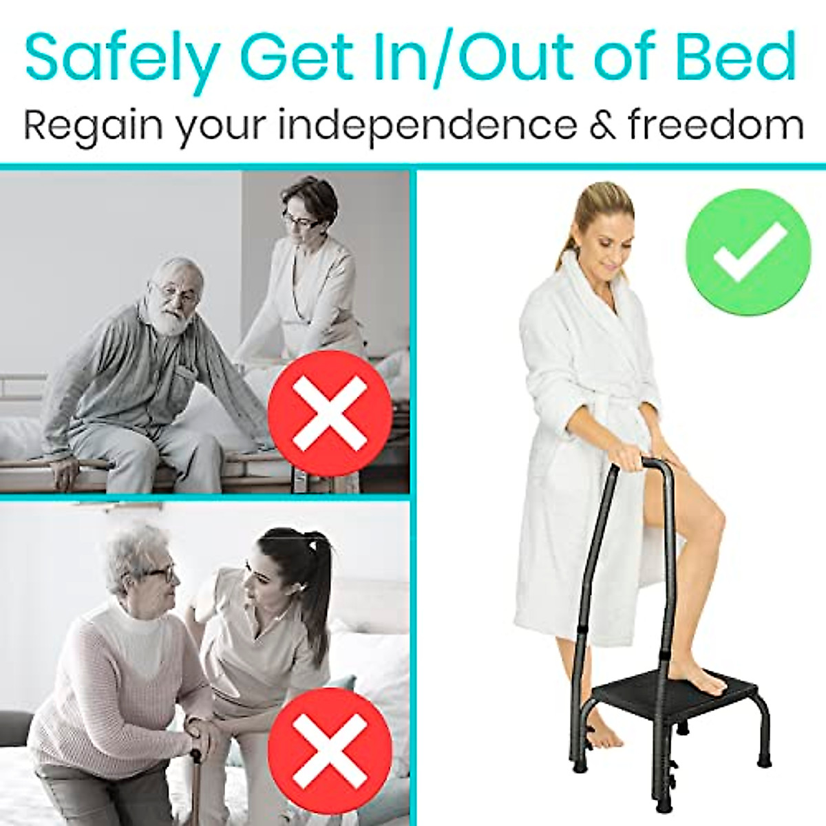 Vive Step Stool with Handle for Elderly and Adults - Bariatric Heavy Duty Footstool Riser for Kids - Platform with Handrail for Kitchen, Bedroom, Bathroom - Portable, Lightweight Step for Senior