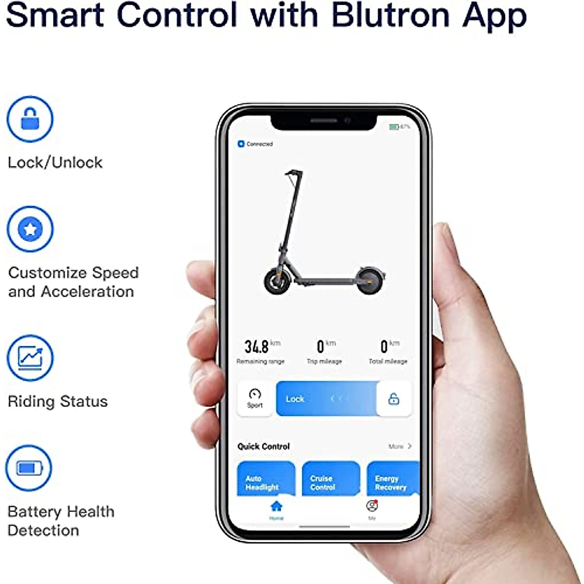 Blutron One S40 Electric Scooter, 700W Peak Power Motor, Impressive 25 Mile Range, 20 Mph, Dual Brakes & Suspension, 10'' Pneumatic Tires, Cruise Control, Foldable and Fast Charging Scooter
