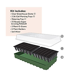 Burpee Greenhouse Indoor Starting Herbs, Flowers and Vegetables | Includes Dome, Watering, Seed Starter Tray, Coir Pellets | 10" W x 20" L x 5" H, One Size, 1 Kit (72 Cells)