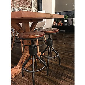 LOKKHAN Set of 2 Industrial Bar Stool-Vintage Adjustable Round Wood Metal Swivel Bar Stool-Cast Iron-23-30 Inch Tall Counter Bar Height Farmhouse Kitchen Stools