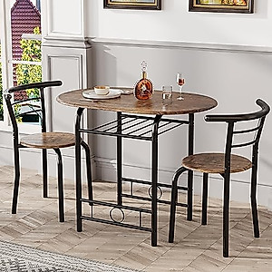 JUMMICO 3-Piece Wooden Round Table & Chair Set, Space Saving Kitchen Breakfast Nook Wood Grain Tabletop with Metal Frame and Built-in Wine Rack for Kitchen, Dining Room (Brown/Black)