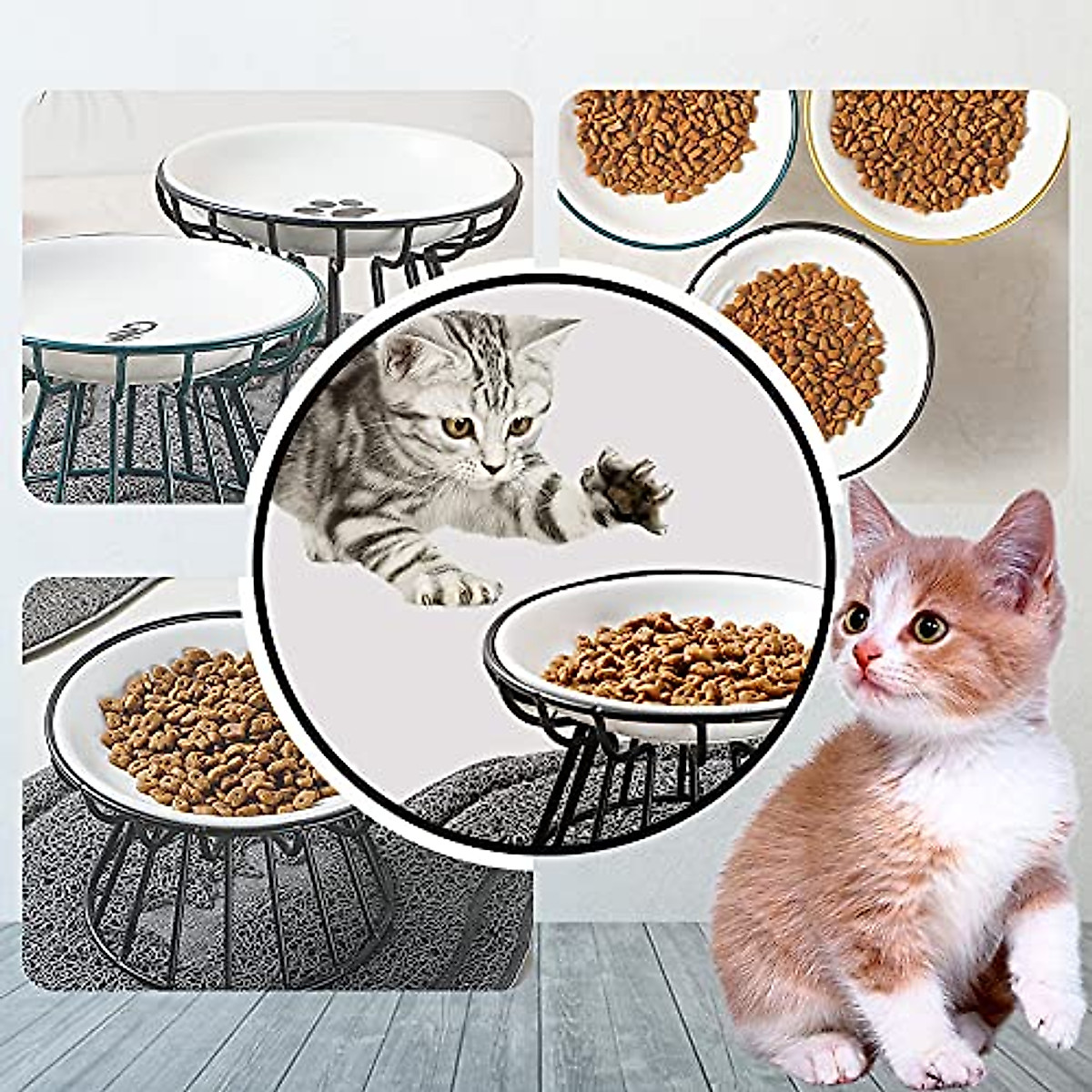 Wellbro Cat Bowls, Elevated Cat Bowl, Raised Ceramic Cat Dish with Metal Stand, Pet Water or Food Feeding Station for Indoor Cats, Kitten, Puppies and Small Dogs, Dishwasher Safe