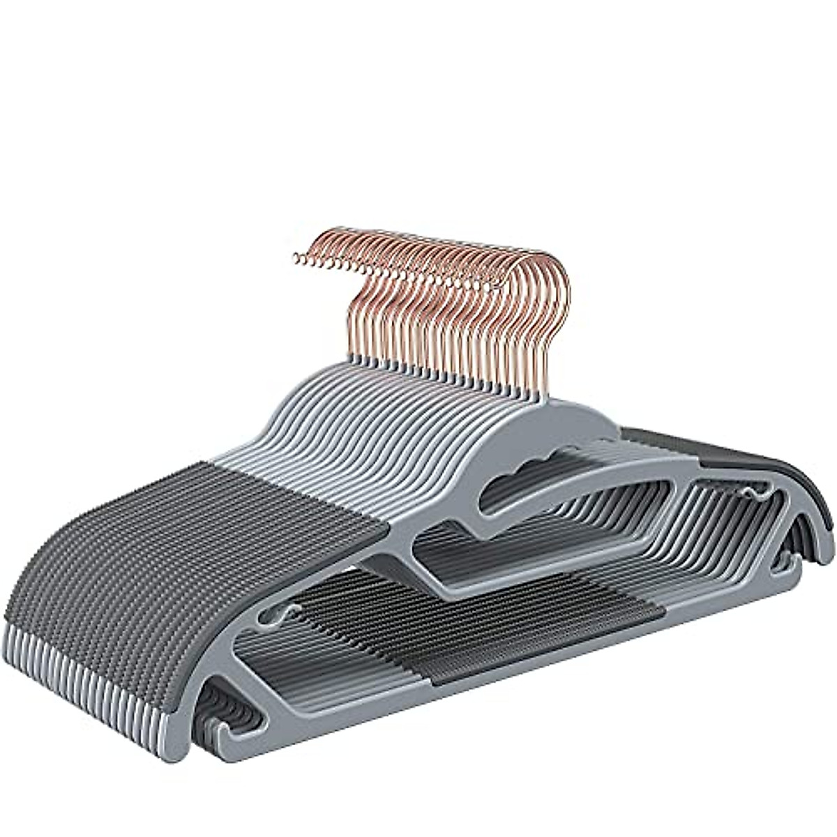 TIMMY Plastic Hangers, 50 Pack Ultra Thin Non Slip Clothes Hanger Space Saving Coat Hangers, 360°Rotating Rose Gold Hook Hanger Heavy Duty Pant Hangers (Grey)