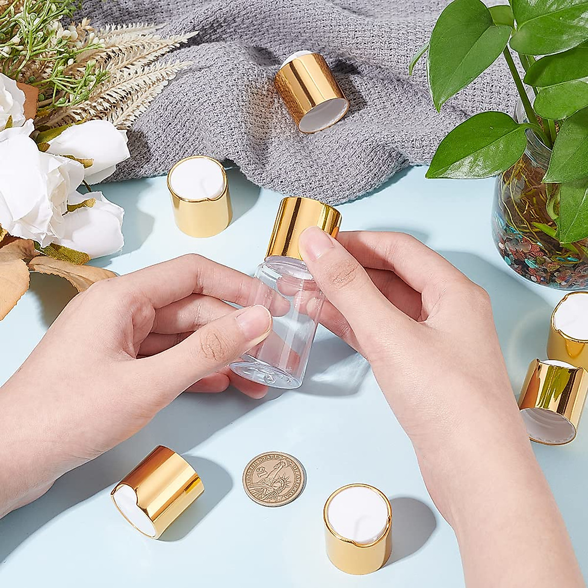 BENECREAT 12pcs Aluminized Replacement Plastic Press Caps, Golden Press Disc Caps Dispensing Lotion Bottle Closure for Squeeze Bottles Shampoo Bottle Dispensing Cap, Diameter 24mm Thread Type 410