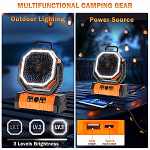 Camping Fan Rechargeable, 20000mAh Large Battery Powered Fan, 4 Speed Rechargeable Fan Portable with Remote, Battery Operated Fan with LED Light and Hanging Hook, Cordless Fan for Tent Picnic Outdoor