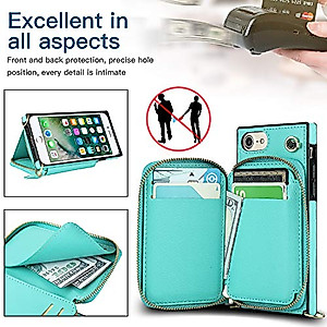 DEFBSC Zipper Wallet iPhone 8 Case, iPhone 7 Case, iPhone SE 2020/ SE 2022 Case, PU Square Wallet Case with Crossbody Chain Credit Card Holder Slot Shoulder Handbag Purse Wrist Strap Case(Green)