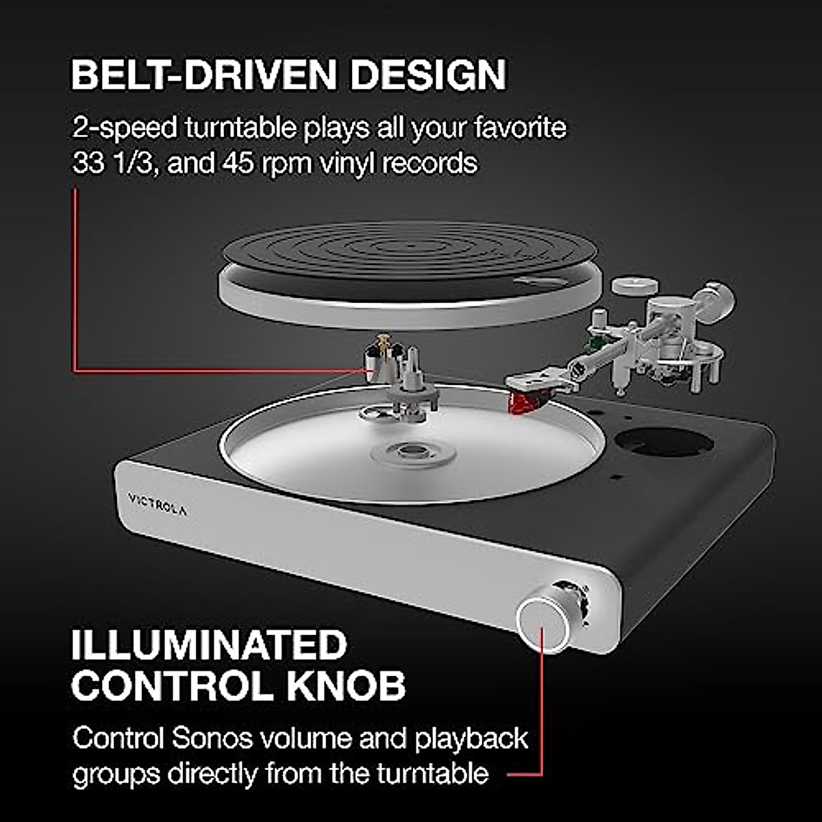 Victrola Stream Carbon Turntable - 33-1/3 & 45 RPM Vinyl Record Player, Works with Sonos Wirelessly, High Precision Cartridge, Semi-Automatic, Wi-Fi, RCA, Pre-Amp Out, Sleek & Stylish, Matte Finish