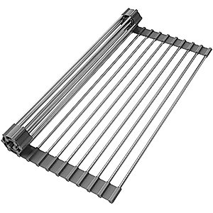 Oliomp Roll Up Dish Drying Rack, 17.5" x 15.7" Over The Sink Stainless Steel Roll-Up Dish Drying Rack Foldable Rolling Dish Drainer Suitable for Dishes,Fruits Vegetables Integrated Sink Drying Rack.