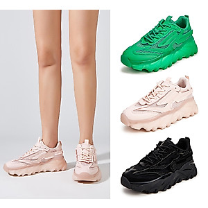 LUCKY STEP Women‘s Chunky Fashion Sneakers Platform Dad Cusual Classic Mesh Walking Shoes Comfortable Lace up Travel Sneakers(Pink,9B(M) US)