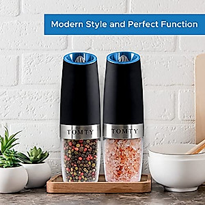 (2 Pack) Gravity Electric Salt and Pepper Grinder Set Battery Operated One Hand Automatic Operation, Adjustable Coarseness Mill Grinders Shakers LED Light Stainless Steel, Kitchen Gadgets Gifts Ideas