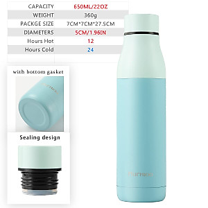 Murmioo sports water bottle, stainless steel vacuum Flask cold for 24 hours, hot for 12 hours, insulated 、BPA Free, suitable for cycling, camping, office 22oz/650ml Blue