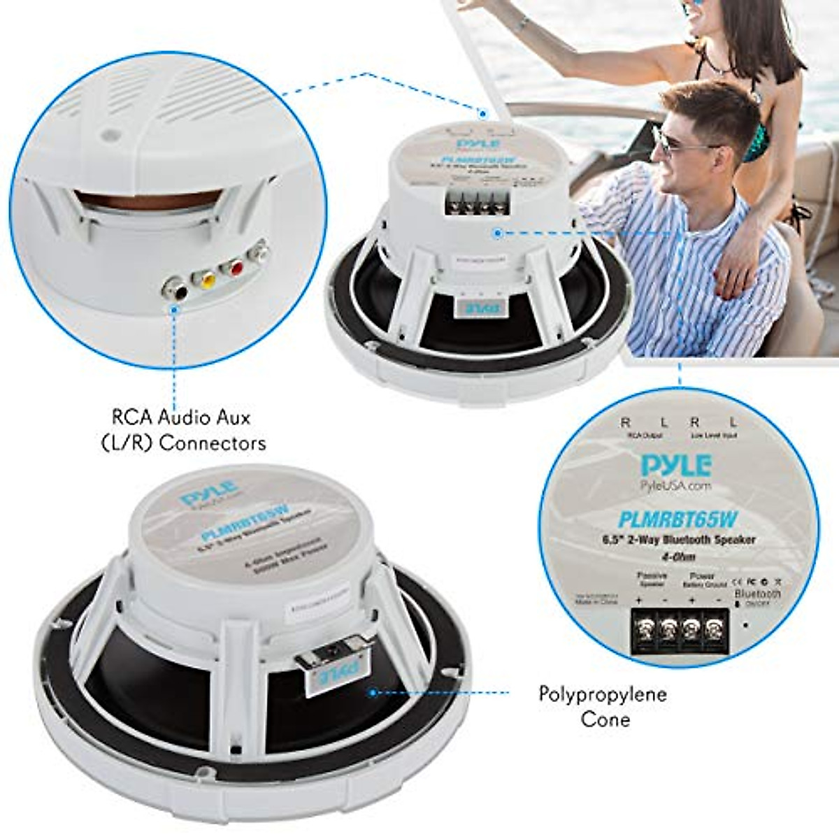 Pyle 6.5 Inch Bluetooth Marine Speakers - 2-way IP-X4 Waterproof and Weather Resistant Outdoor Audio Dual Stereo Sound System with 600 Watt Power and Low Profile Design - 1 Pair - PLMRBT65W (White)
